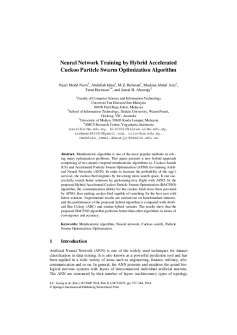 Pdf Neural Network Training By Hybrid Accelerated Cuckoo Particle Swarm Optimization Algorithm