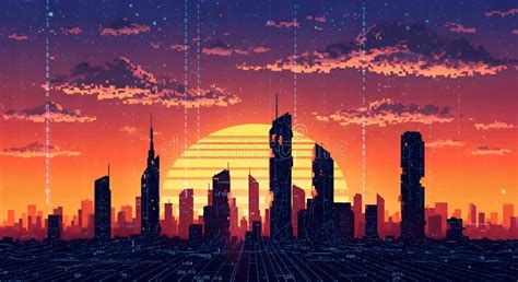 Pixel Art Cityscape With Binary Code Sunset And Digital Grid Stock