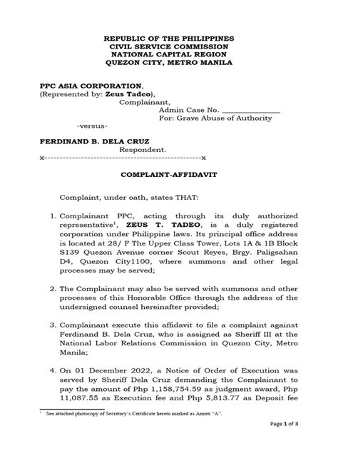 Complaint Csc Sheriffdelacruz Pdf Metro Manila Complaint