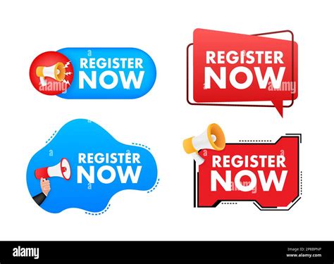 Megaphone Label Set With Text Register Now Megaphone In Hand Promotion