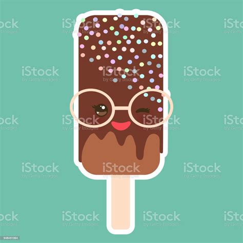 초콜릿 아이스크림 얼음 롤리 귀여운 선글라스 분홍색 뺨 및 윙크 눈 푸른 녹색 바탕에 파스텔 색상 벡터 맛이 가미된 빙과에 대한 스톡 벡터 아트 및 기타 이미지 Istock