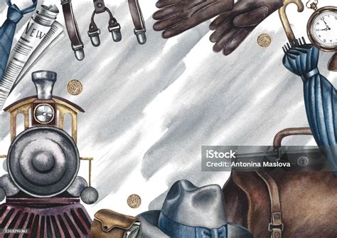 프레임은 빈티지 스타일로 만들어졌으며 기차를 타는 여행자의 물건으로 장식되어 있습니다 수제 수채화 그림 가로 템플릿의 컬러 이미지입니다 수채화 반점의 배경에 0명에 대한