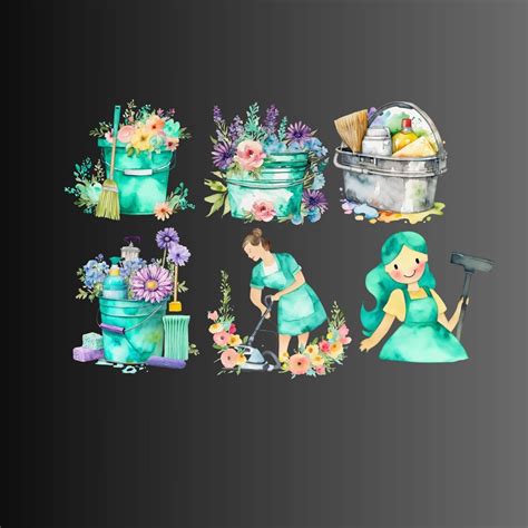 Watercolor Cleaning Clipart Bundle Pastel Teal Girly Cleaner Mop
