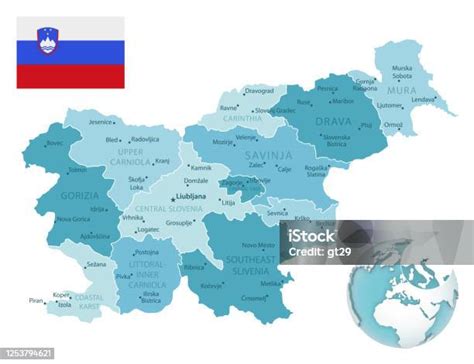 슬로베니아 행정 블루 그린지도 국가 플래그와 지구 위치에 위치 3차원 형태에 대한 스톡 벡터 아트 및 기타 이미지 3차원 형태 개체 그룹 거리표식 Istock