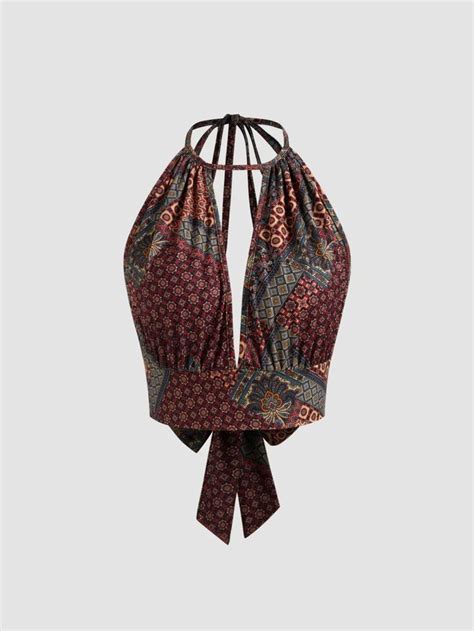 Boho Woven Woven Halter Aztec Knotted Back Crop Top For Vacation