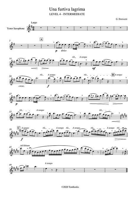Saxophone Sheet Music L Elisir D Amore The Elixir Of Love Una Furtiva Lagrima Romance