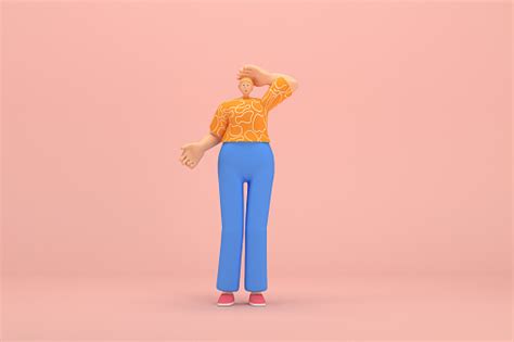 황금빛 머리를 가진 여자는 파란색 코듀로이 바지와 흰색 줄무늬가 있는 주황색 티셔츠를 입고 롤빵에 묶여 있습니다 그녀는 말할 때