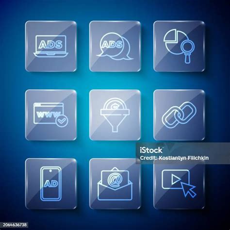 라인 광고 메일 및 이메일 돋보기 분석 리드 관리 웹 사이트 템플릿 및 체인 링크 아이콘을 설정합니다 벡터 개념에 대한 스톡 벡터 아트 및 기타 이미지 Istock