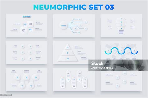 뉴모픽 인포그래픽 요소가 있는 9개의 슬라이드 타임라인 피라미드 전구 및 주기 다이어그램 4 5 6 및 7 옵션이 있는 인포그래프 개념 세트 뉴모픽 디자인에 대한 스톡 벡터