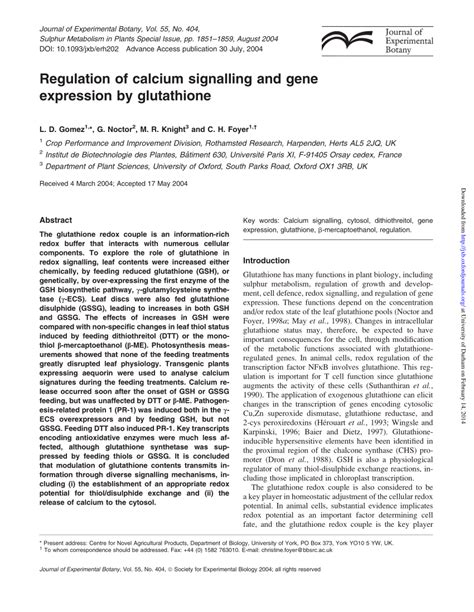 Pdf Regulation Of Calcium Signalling And Gene Expression By Glutathione