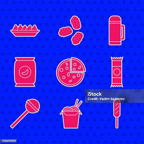 세트 피자 아시아 국수와 젓가락 옥수수 개 초콜릿 바 롤리팝 가방 패킷 감자 칩 보온병 용기와 나초 플레이트 아이콘 벡터 0명에 대한 스톡 벡터 아트 및 기타 이미지