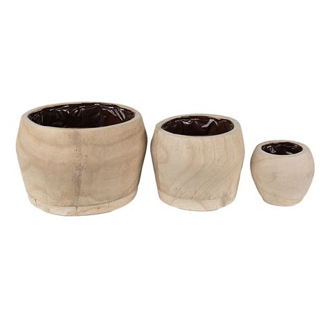 Clayre Eef Bloempot Set van 3 Ø 24 Ø 18 Ø 12 cm Bruin Hout Rond kopen