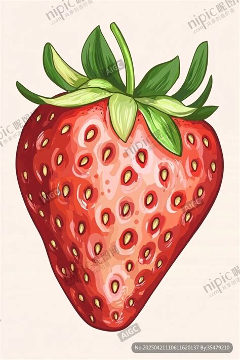 Ai创作图草莓 水果 插画 手绘 图案 卡通 红色 绿色 叶子 果实 新鲜 甜美 图 绘画 设计 昵图网