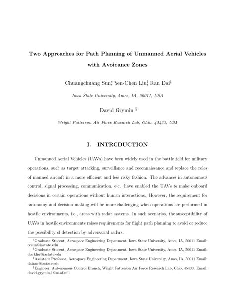 Pdf Two Approaches For Path Planning Of Unmanned Aerial Vehicles With Avoidance Zones