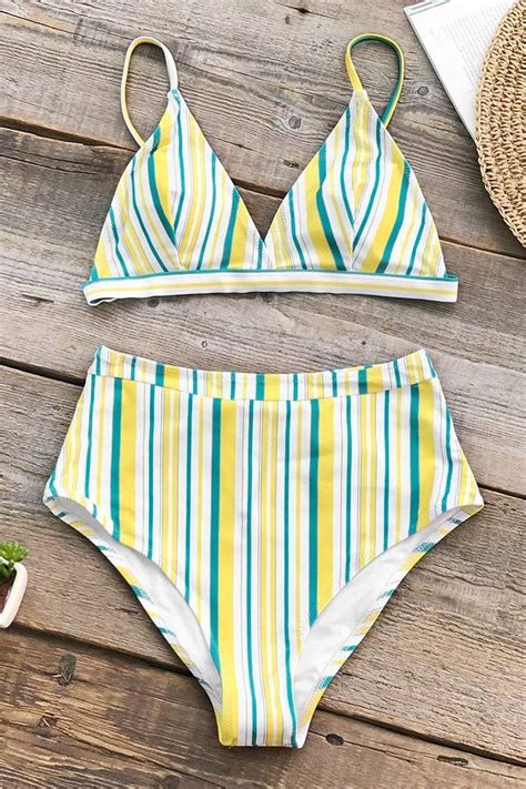Yellow White And Blue Stripe Bikini Striped Bikini Bikinis Blue Stripes