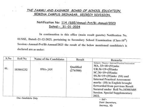 Jkbose Class 10th Notification Kashmir Division
