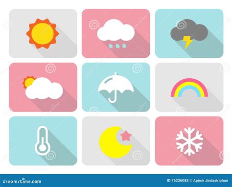 Cute Weather Flat Icons With Long Shadow Stock Vector Illustration Of
