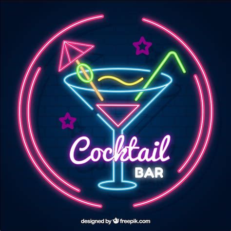 Cocktail Bar Sign With Neon Light Style Free Vector