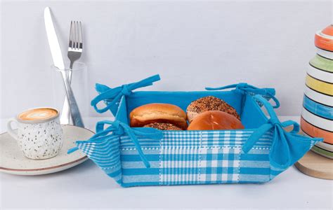 Cotton Track Dobby Blue Checked Bread Basket Pack Of 1 Airwill