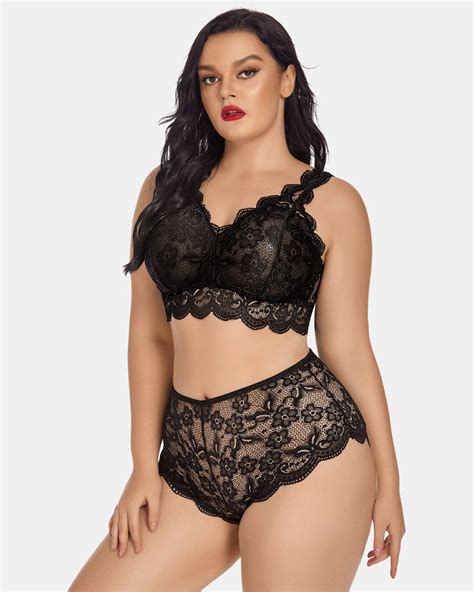 Plus Size Lace Halter Bralette High Waist Panty Set Avidlove
