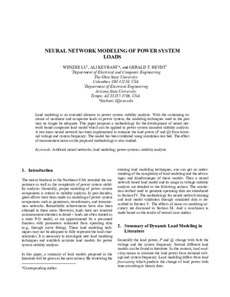 Pdf Neural Network Modeling Of Power System Loads