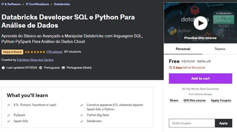 Curso Grátis Na Udemy Databricks Developer Sql E Python Para Análise De… Edmilson Alves 35