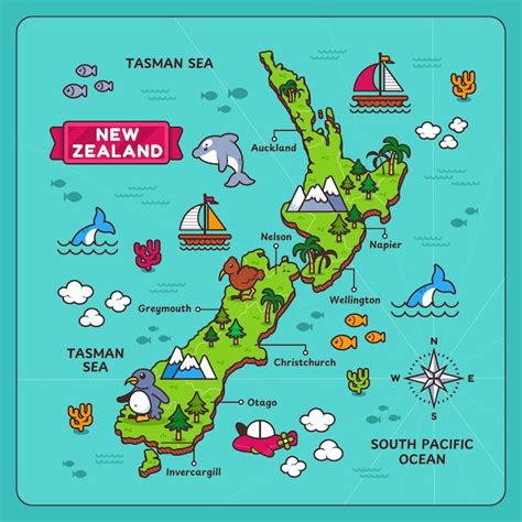 Ilustración del mapa de Nueva Zelanda dibujada a mano Vector Premium