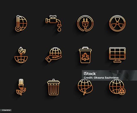 나뭇잎 기상 온도계 측정 지구 지구본 행성 지구 재활용 인간의 손 잡기 태양 에너지 패널 및 휴지통 재활용 기호 아이콘이 있는 전구를 설정합니다 벡터 개념에 대한 스톡 벡터