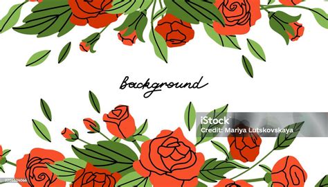 장미 배경 붉은 꽃과 녹색 잎 장식 배너 봄 여름 우아한 가로 포스터 꽃다발 식물 장식 전단지 벡터 만화 평면 고립 된 그림 0명에 대한 스톡 벡터 아트 및 기타 이미지