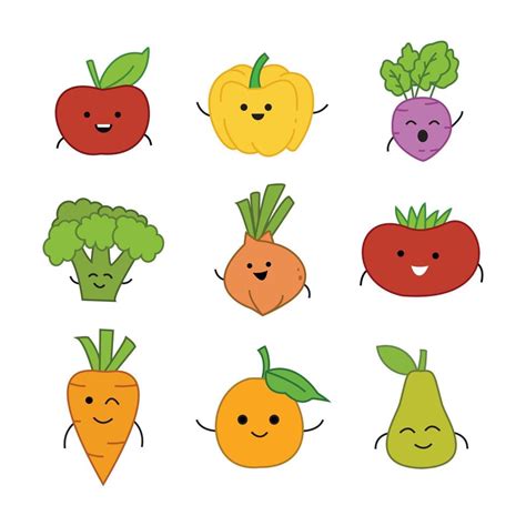 Conjunto De Frutas Y Verduras En Personajes De Dibujos Animados Vector