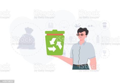 생태학 및 재활용의 개념 그 남자는 쓰레기통을 들고 있습니다 벡터 일러스트 레이 션 플랫 트렌디 스타일 가방에 대한 스톡 벡터