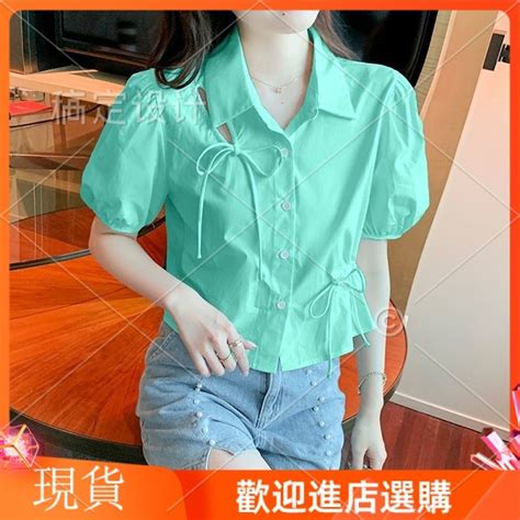 泡泡袖 蝴蝶結 襯衫 女 2024年 夏新款 設計感 小眾 心機 抽繩 短版 百搭 上衣 蝦皮購物