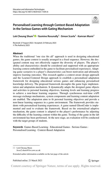 Pdf Personalised Learning Through Context Based Adaptation In The