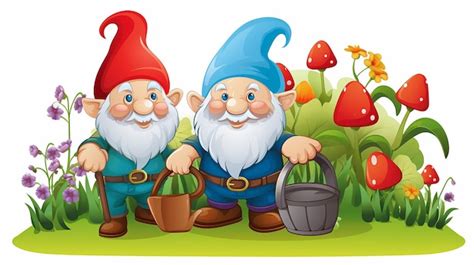 Premium Photo Cartoon Two Cute Dwarves In A Garden Illustration