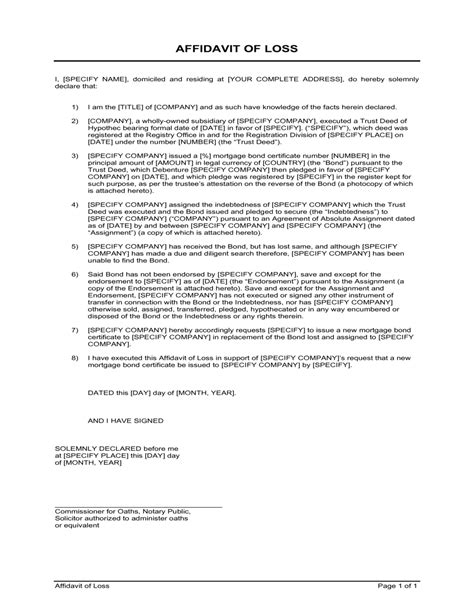 Affidavit Of Loss Template Word Prntbl Concejomunicipaldechinu Gov Co