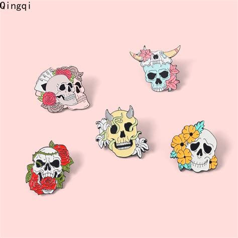 Colorful Rose Skull Enamel Pins Skull Skeleton Brooch Lapel Pin Badges