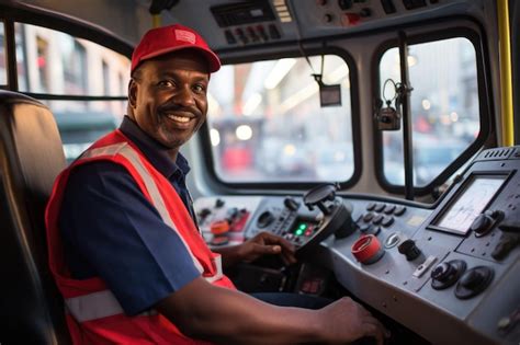 Premium AI Image Black Train Driver Wearing In Red Uniform Sitting In