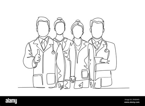 Single One Line Drawing Group Of Young Male And Female Doctors Giving