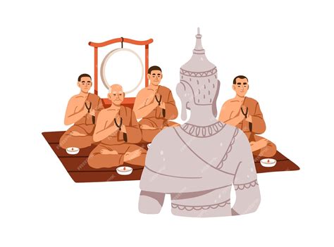 불교 승려들이 신성한 종교 사원에서 부처 동상에게 기도하는 기도 신 神 의 상징에 대한 만트라 불교 종교 개념 바탕에