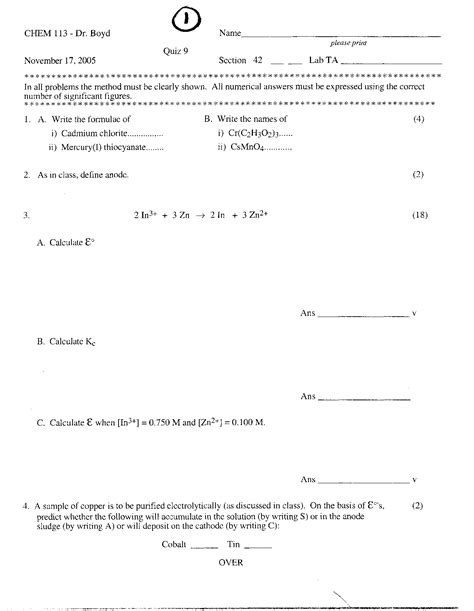 4 Problems On General Chemistry I Quiz 9 Chem 113 Docsity