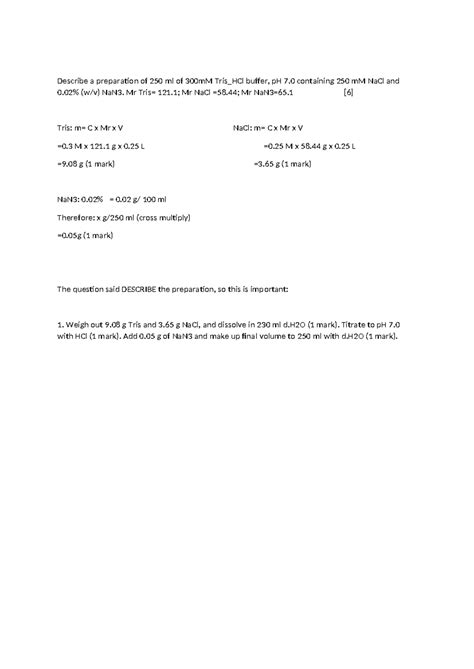 Buffer Preparation Example Describe A Preparation Of 250 Ml Of 300mm
