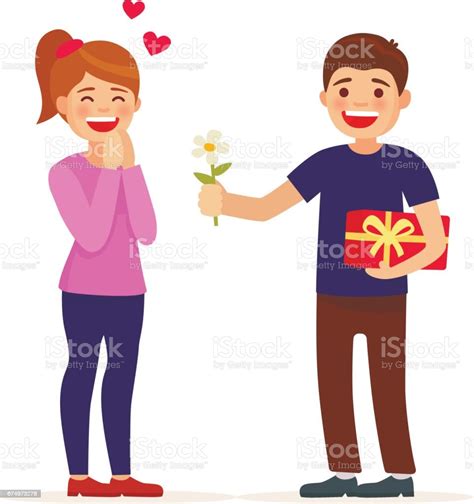 남자 여자의 꽃과 선물 꽃다발을 제공합니다 행복 한 3 월 8 일입니다 2월에 대한 스톡 벡터 아트 및 기타 이미지 2월