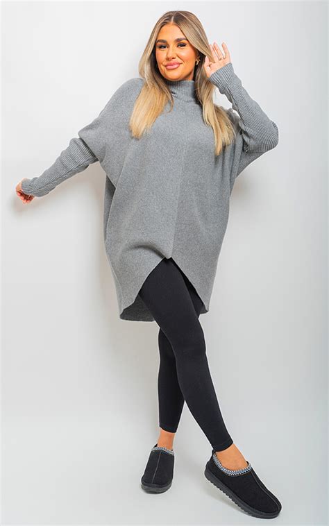 Grey Janiyah Turtle Neck Longline Knitted Jumper Ikrush