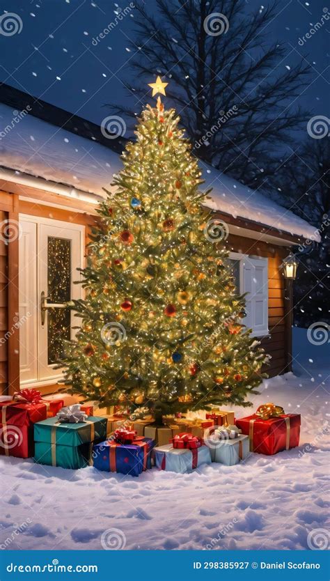 A Snowy Evening With A Brightly Lit Christmas Tree And Presents