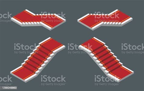 어두운 배경에 고립 된 레드 카펫과 Isometric 벡터 일러스트 사실 현대 흰색 계단 3d 플랫 만화 스타일의 다른 위치