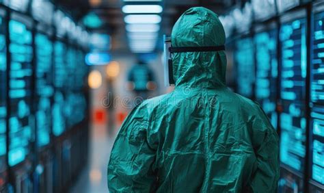 Person In Protective Suit Walking Through Illuminated Server Room Symbolizing Cybersecurity And