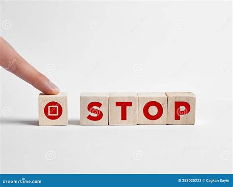 Finger Presses The Pause Button On Wooden Cubes Stock Image Image Of Interface Hand 258025223