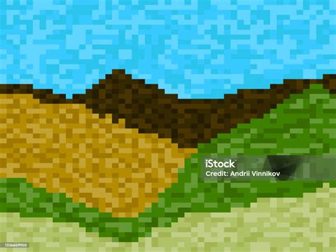 녹색 초원과 언덕픽셀 풍경 2d에서 90 년대의 복고풍 8 비트 비디오 게임 게임 앱 배너 및 포스터용 픽셀 아트 디자인 벡터 일러스트레이션 1980 1989 년에 대한