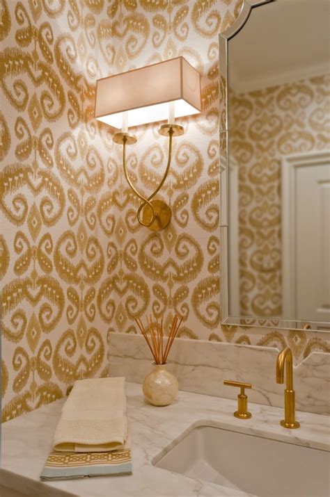 Bath With Gold Accents And Ikat Grasscloth Wallpaper Transitional