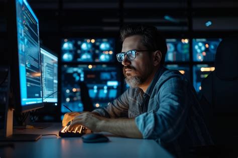 Premium Photo Male Software Engineer Working On Multiple Computers In A Dark Room